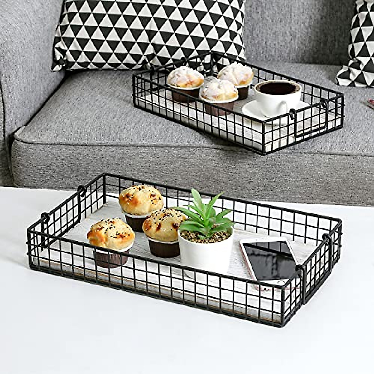 MyGift Black Metal Wire and Whitewashed Wood Decorative Tray with Handles, Nesting Storage Organizer Basket Trays, Set of 2