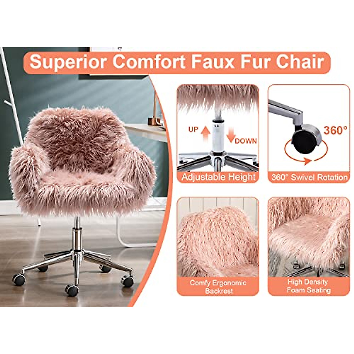 Pink Desk Chair Faux Fur Pink Office Chair Height Adjustable - Modern Cute Desk Chair Computer Chair Vanity Chair for Makeup Room, Fluffy Desk Chair with Wheels, Swivel Accent Chair for Bedroom Living