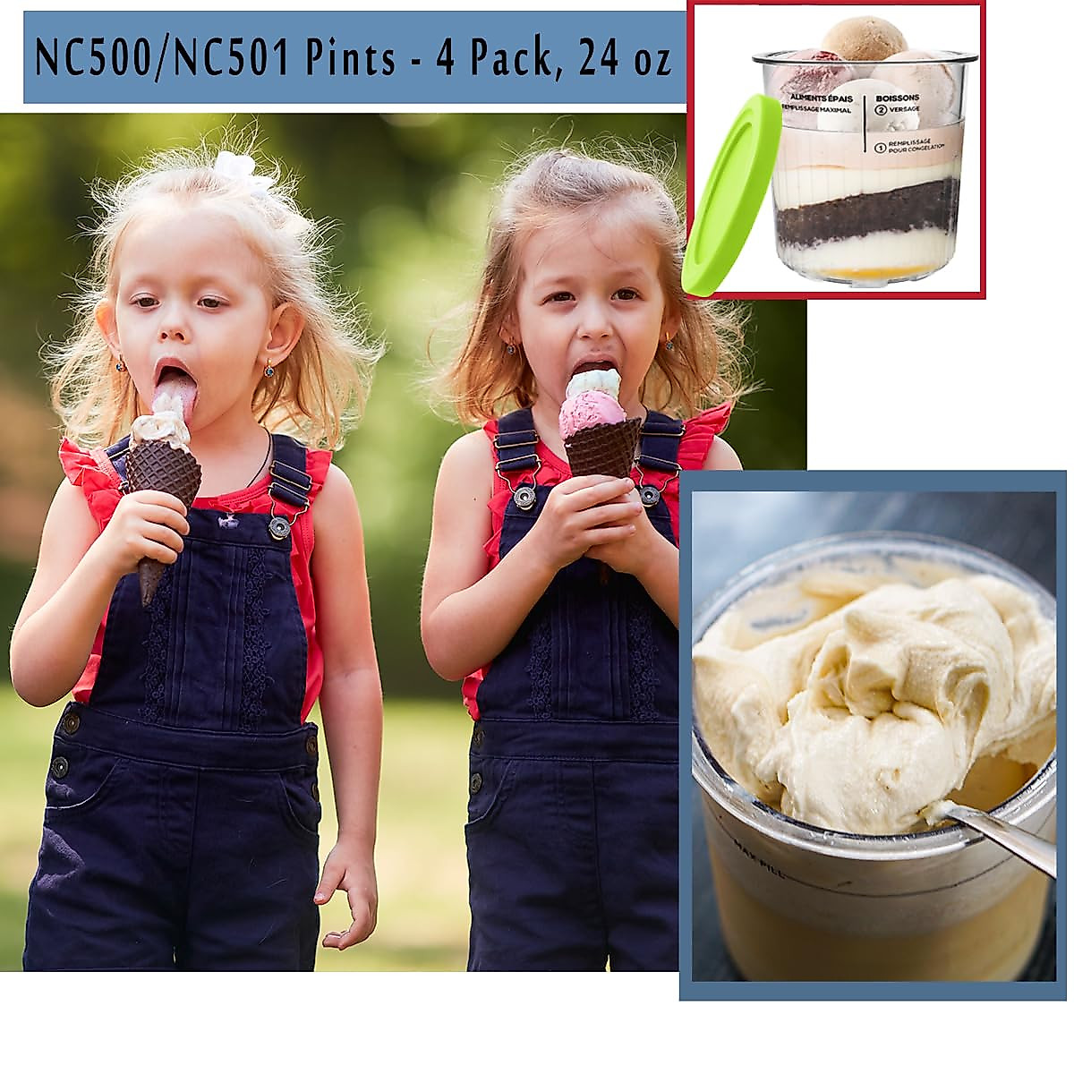 Ninja Creami Pints and Lids - 4 pack, Compatible with NC500 & NC501 Series, CREAMi Ice Cream Maker Cups, Ninja Creami Replacement Containers, BPA-Free & Dishwasher Safe (Yellow/Blue/Green/Pink)