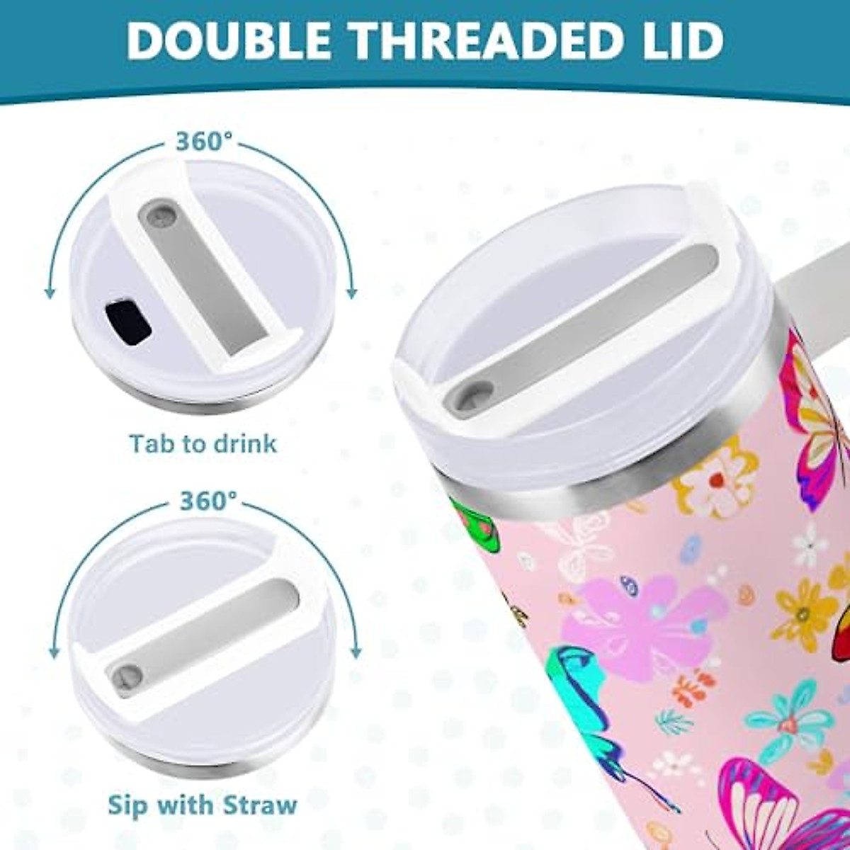 RPLIFE Colorful Butterfly Garden Pink 40oz Tumbler with Handle, Stainless Steel Cups with Lid, Tumbler for Men