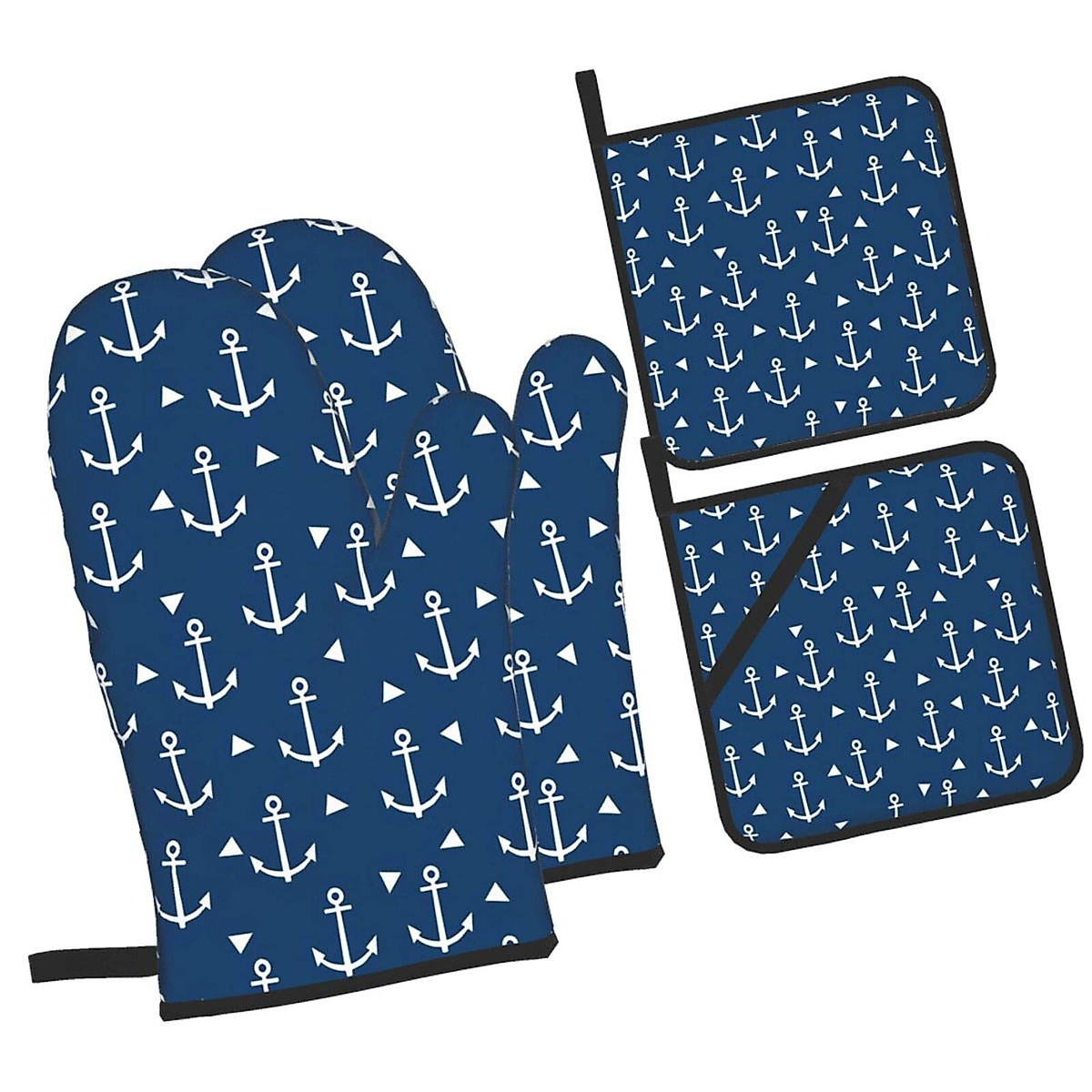 Nautical Anchors Oven Mitts and 2 Pot Holders Set, Soft Cotton Lining with Non-Slip Surface, Kitchen Microwave Gloves for Baking Cooking Grilling BBQ