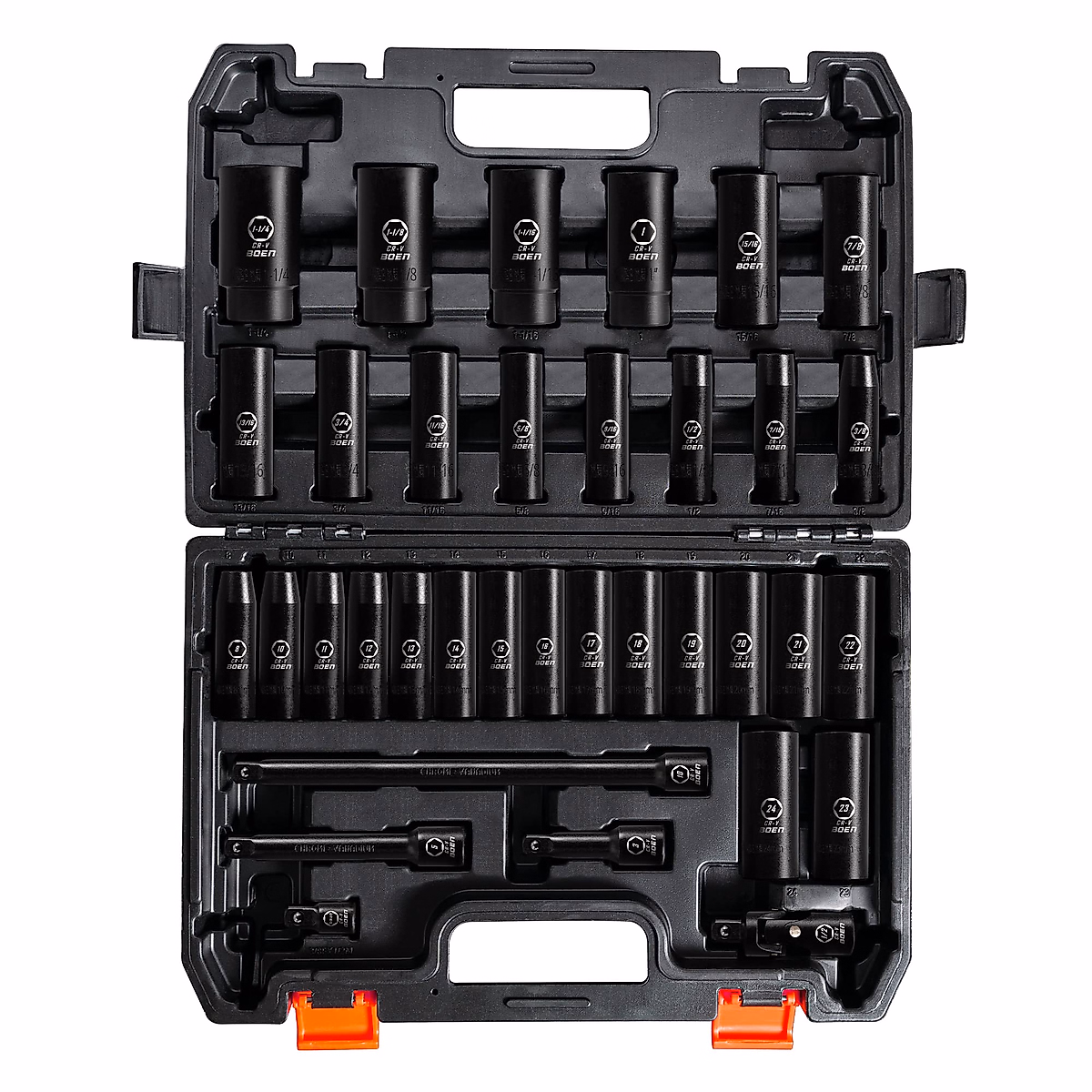 BOEN 35-Piece 1/2" Drive Deep Impact Socket Set - SAE 3/8"-1-1/4" & Metric 8-24mm, Extensions, Joint & Adapter, Cr-V Steel, Double Lock Case