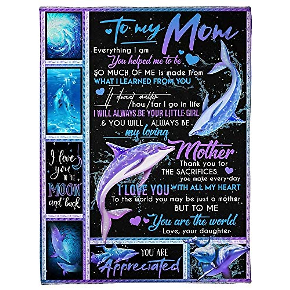 Personalized to My Mom Fleece Blanket from Daughter Art Print Dolphin Ideas for Mother Customized Blanket Soft Warm Lightweight for Sofa Bedroom Gifts Birthday Thanksgiving Mothers Day, Full