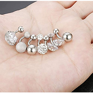 FUNRUN JEWELRY 7PCS 14G 6MM 1/4 Inch 316L Surgical Steel Belly Button Rings Belly Earring CZ Navel Rings Barbell Body Piercing Jewelry (A:Silver tone)