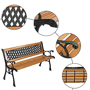 VINGLI 49.5" Outdoor Garden Bench,Deck Hardwood Cast Iron Wood Bench Chair for Patio Front Porch Path Yard Lawn