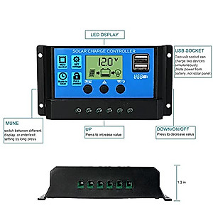 Jahy2Tech 100A Solar Charge Controller Solar Panel Battery Intelligent Regulator with Dual USB Port 12V/24V PWM Auto Paremeter Adjustable LCD Display(Blue) (1)