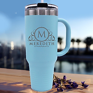 Custom Monogrammed 40 oz Tumbler with Handle, Lid and Straw - Personalized Insulated Stainless Steel Large Cup (Carolina Blue)