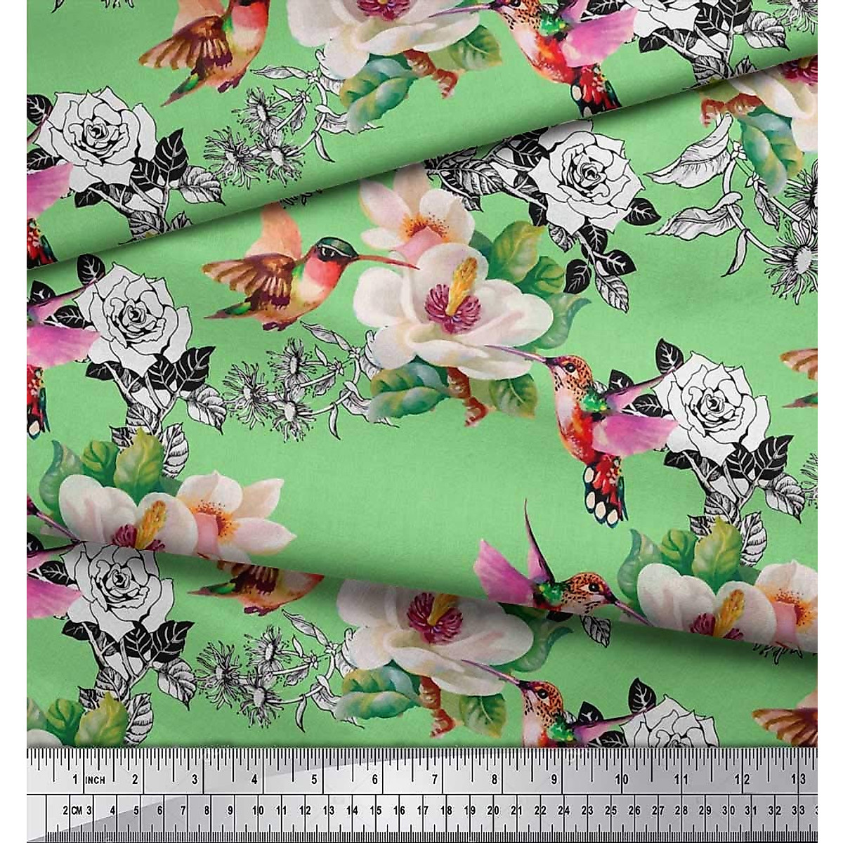 Soimoi Cotton Cambric Green Fabric - by The Yard - 42 Inch Wide - Hummingbird, Leaves & Flower Floral Textile - Playful and Delicate Fusion for Stylish Creations Printed Fabric