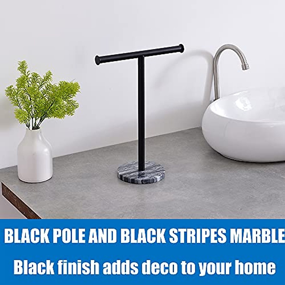 neutral brand Countertop Towel Rack with Heavy Marble Base T-Shape Bathroom Hand Towel Holder Stand SUS304 Stainless Steel, Dual Washcloth Display (Black)