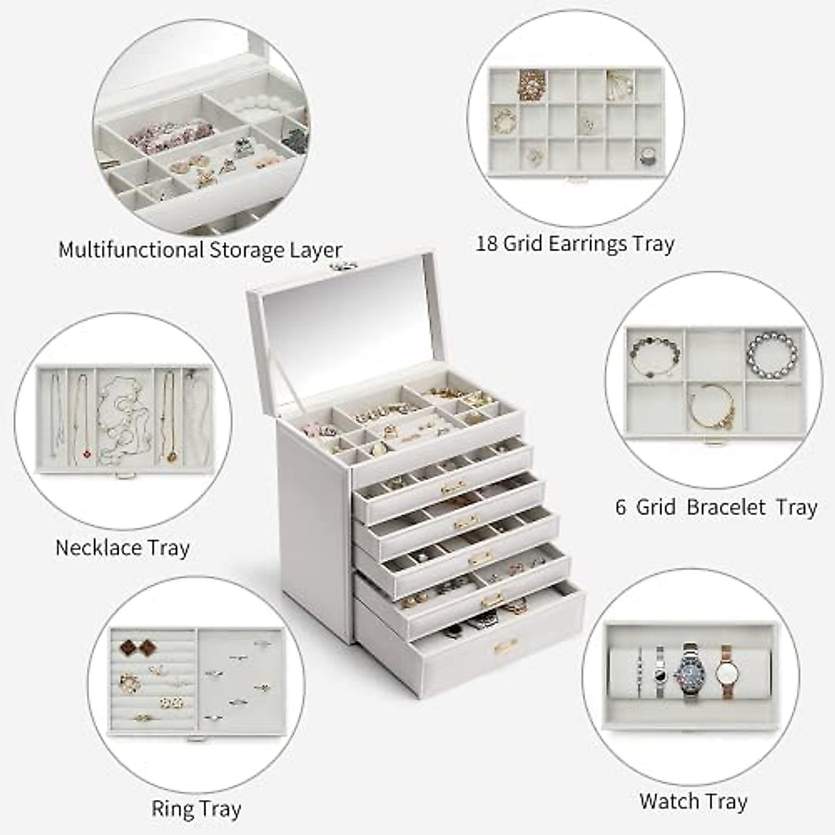 Vlando 6 Tier Large Jewelry Storage Box with Mirror, Huge Jewelry Box Organizer Storage of Necklace Ring Earring Bracelets Watches (White)