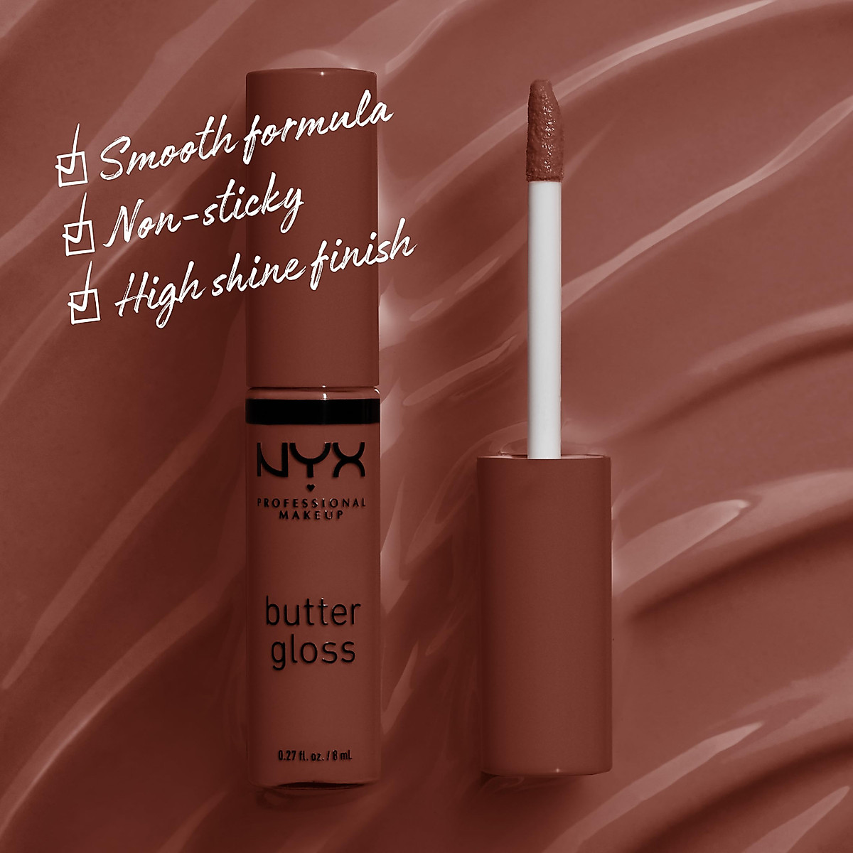 NYX PROFESSIONAL MAKEUP Butter Gloss Brown Sugar, Non-Sticky Lip Gloss - Brownie Drip (Deep Brown)