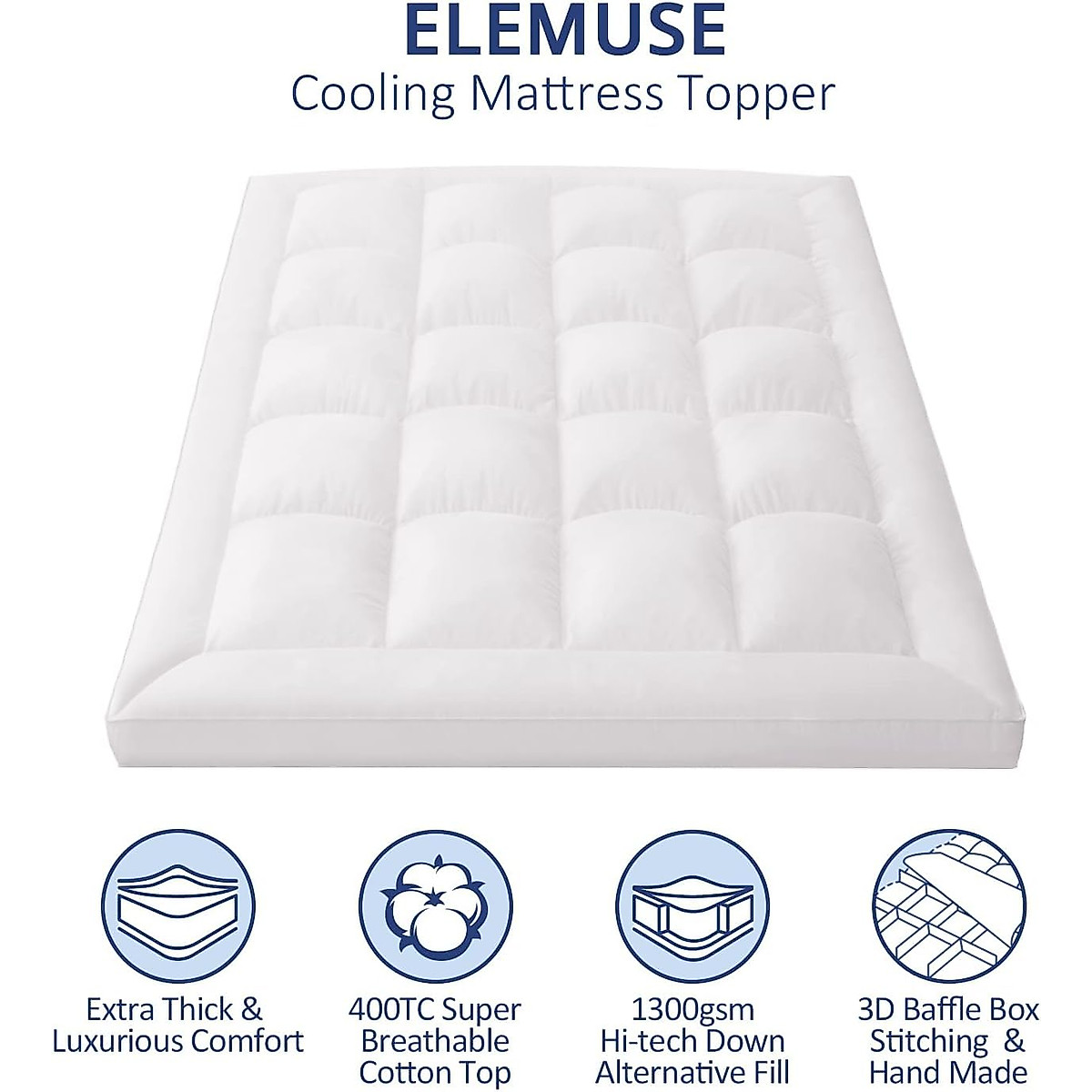 ELEMUSE 1300 GSM Overfilled Mattress Topper King with Baffle Box Design,Extra Thick Cooling King Pillow Top Pad, 400TC Organic Cotton Cover, Plush & Support Snow Down Alternative, White