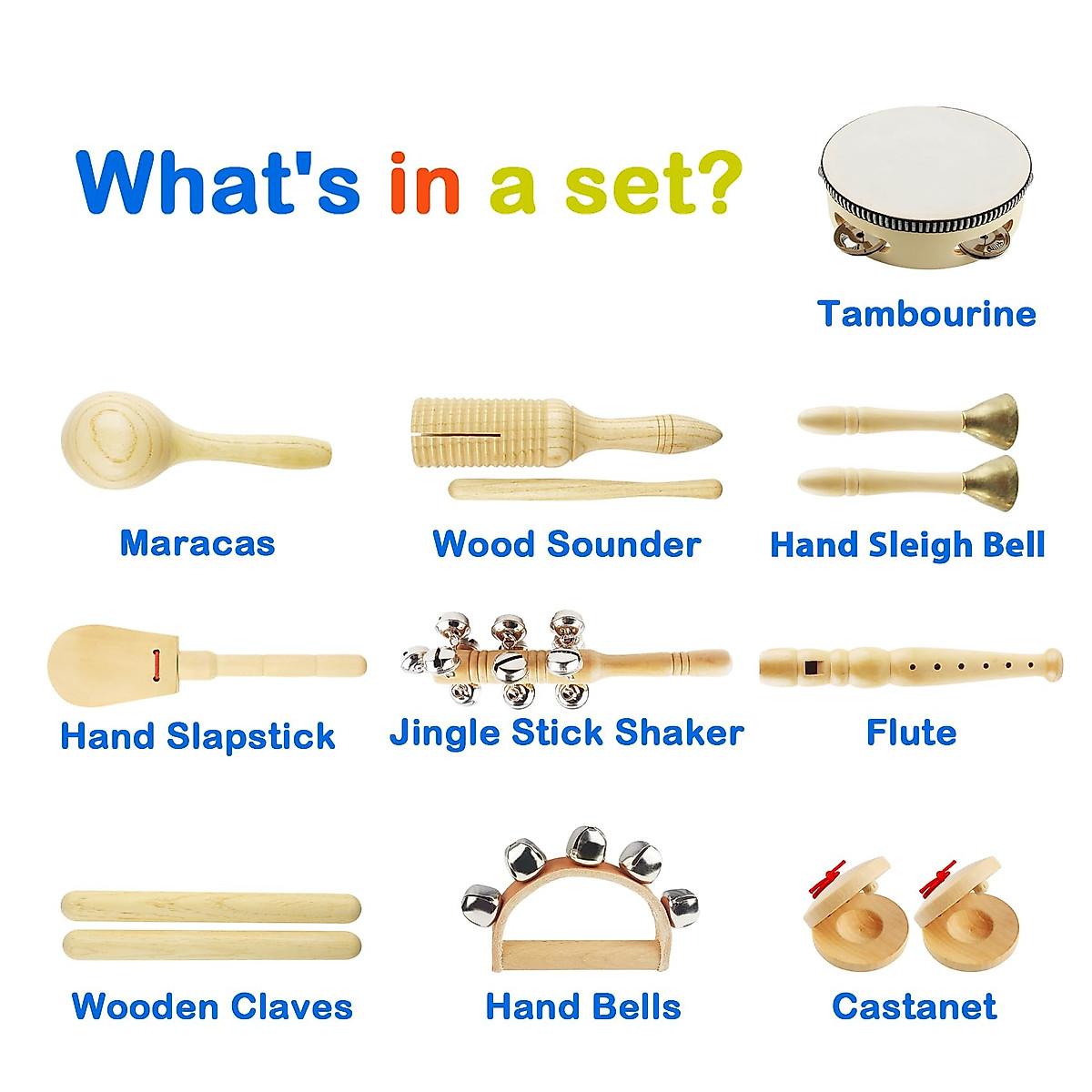 Chriffer Kids Musical Instruments Toys, Percussion Instruments Set with Storage Bag, Preschool Educational Music Toys for Boys Girls, Natural Eco-Friendly Wooden Music Set (10pcs)