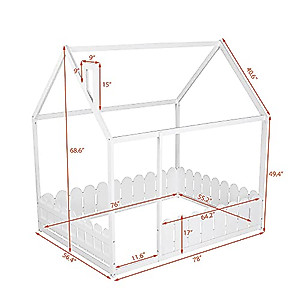 Merax Wooden House Bed with Fence-Shaped Guardrail Montessori Bed Frame for Kids, Toddlers, Girls, Boys (Full,White)