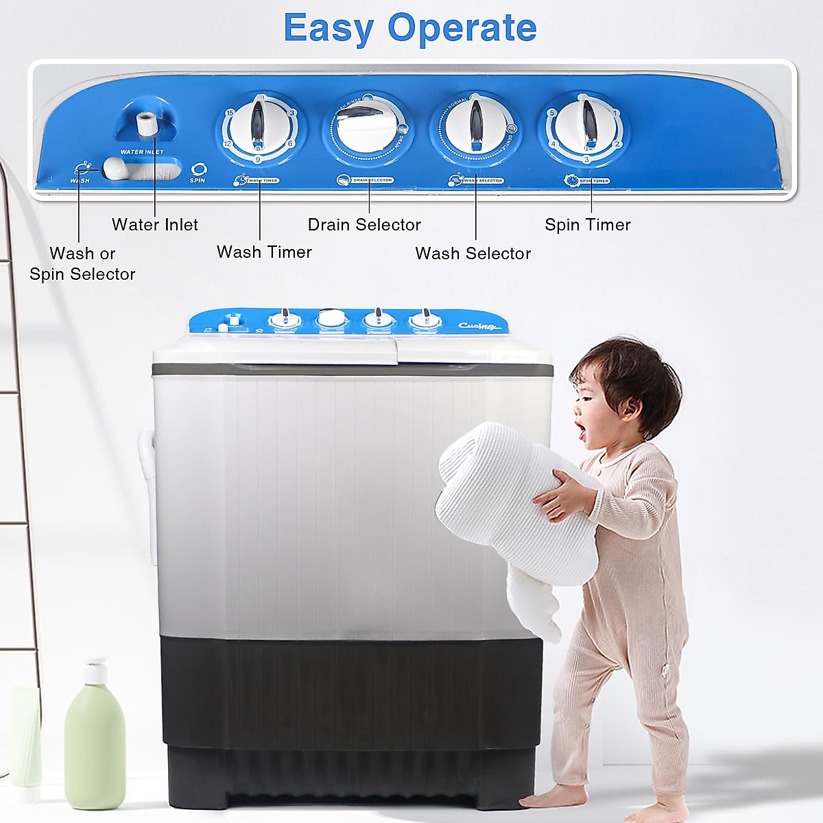 EUASOO 24Lbs Portable Washer and Dryer, Portable Washing Machine, Washer (16Lbs)& Spin(8Lbs)2 in 1 Twin Tub Washer Compact Machine with Drain Pump