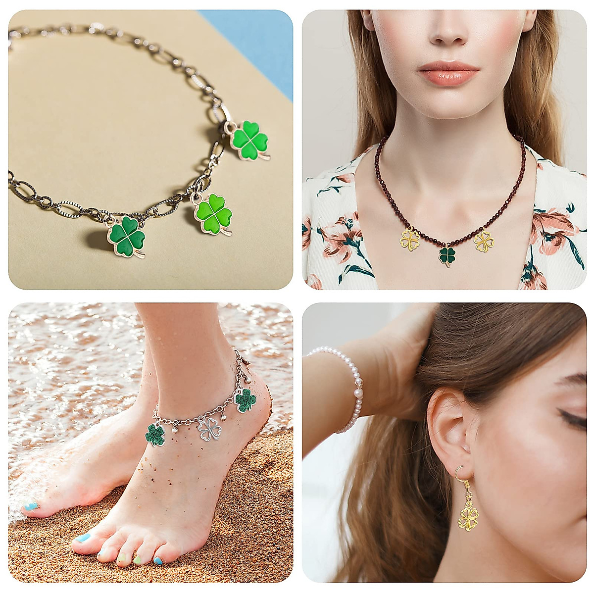 56 Pcs St. Patrick's Day Craft Supplies Lucky Four Leaf Clover Charms Pendants DIY Bracelet Charms 8 Enamel Sequins 16 Sliver Hollow 16 Gold Hollow 16 Enamel Shamrock Charms St. Patrick's Day Pendants