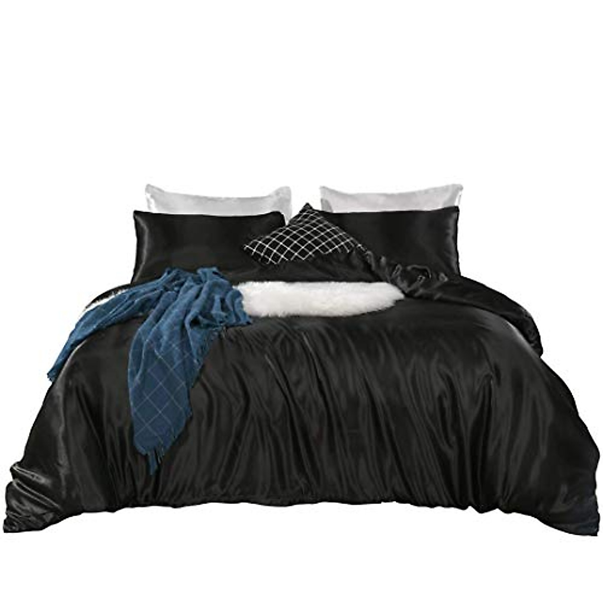 Ultra Soft Silk Like Satin 8 Piece Comforter Set ( Comforter + Duvet Cover + Flat Sheet + Fitted Sheet 15" Deep Pocket + 4 Pillow Cases ) Bedding Set Black , King