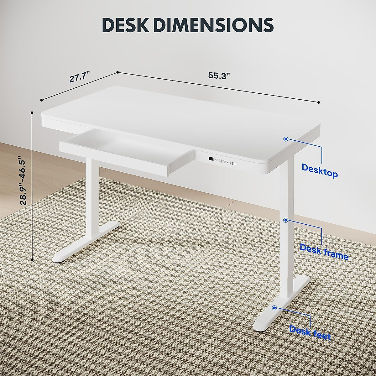 SANODESK Standing Desk with Drawer, Electric Height Adjustable Home Office Desk with Storage & USB Ports, 55 inch White Wood Tabletop/White Frame