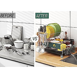 slhsy Dish Drying Rack,2 Tier Dish Racks for Kitchen Counter, Rust-Proof Dish Drainer,Large Dish Drying Rack with Drainboard,Utensil Holder,Knife Block and Drying Mat