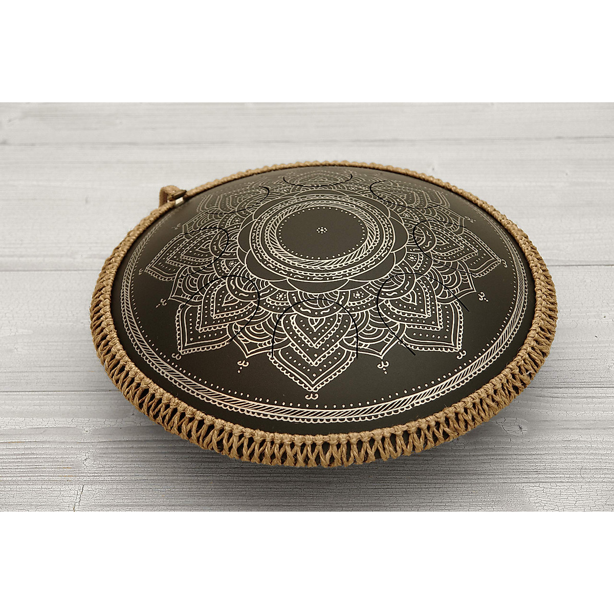 GUDA DRUM Freezbee Black with Ice Flower design, FREE Rope Decoration and Travel Bag