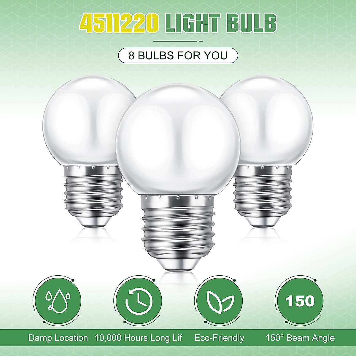 LED Night Light Bulb 1 Watt Low Wattage LED Bulbs 7.5 Watt Equivalent 4511220 Lighting S11 White LED Lightbulb Small Globe with E26 Medium Base G45 2700k Not Dimmable for Outdoor Christmas, 8 Pieces