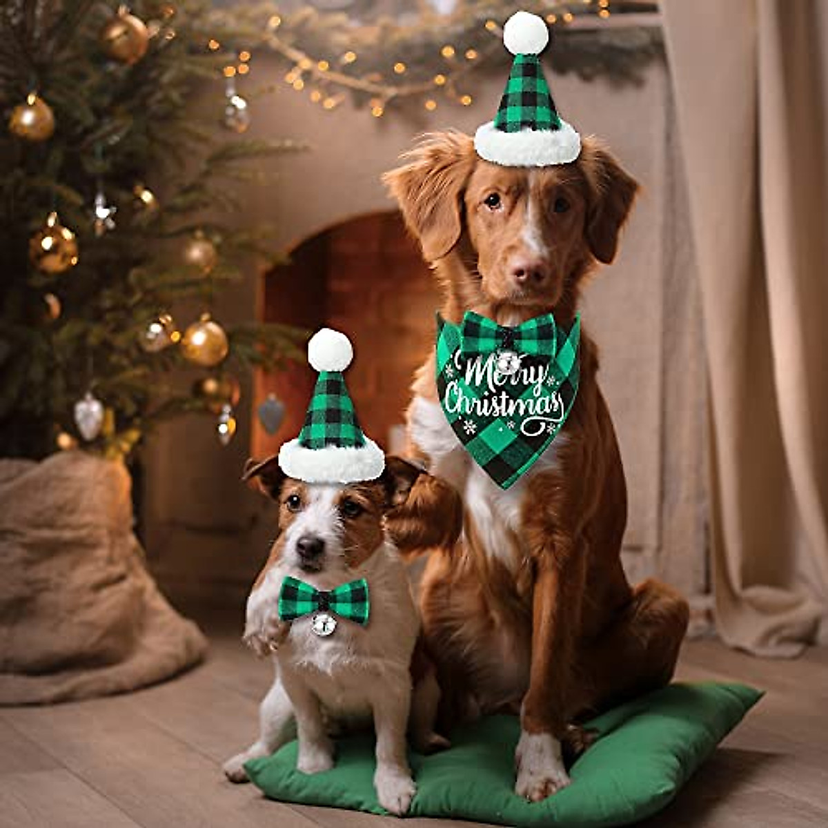 DULEFUN 3pcs Christmas Dog Costumes Outfit, Classic Buffalo Plaid Christmas Dog Clothes Xmas Dog Bandana Hat Bowtie Scarf Kerchief Triangle Bib Accessories for Small Medium Dogs Pets