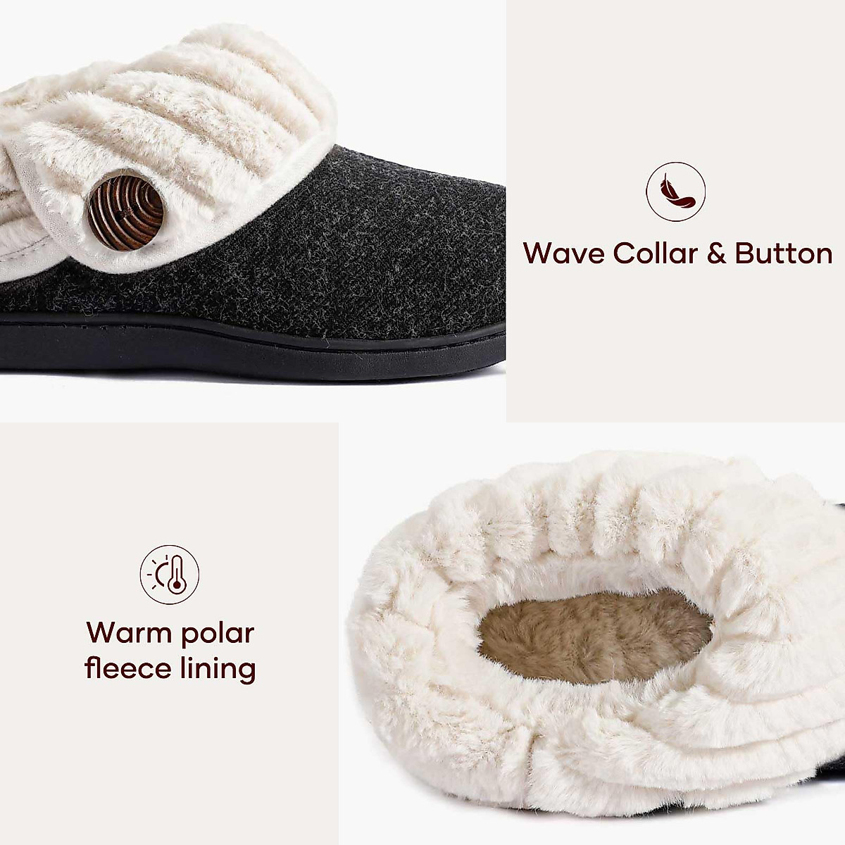 Wishcotton Women's Wool Cozy Memory Foam Winter Slippers Indoor Outdoor with Fuzzy Faux Fur Collar, Black, Size 9
