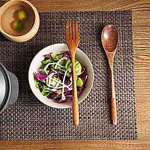 8 Pcs Wooden 9 inch Japanese Spoon Fork Set Including Wooden Spoons and Wooden Forks Japanese Wooden Utensil Set Reusable Handmade Natural Wood Flatware Set for Cooking Stirring Eating