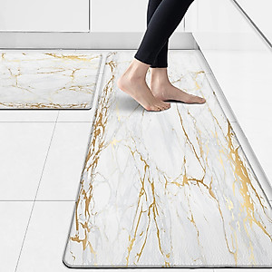BAOERYAA Kitchen Mats and Rugs Anti Fatigue Cushioned Marble Kitchen Mat Non-Skid & Waterproof White and Gold Kitchen Accessories Comfort Standing Desk Mat Kitchen Mats for Floor Office, Sink, Laundry