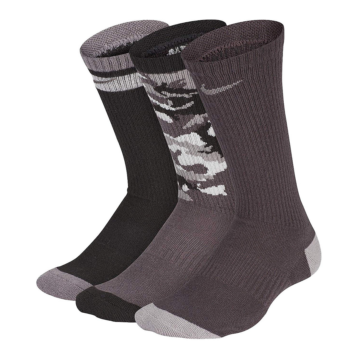 Nike Boy`s Performance Cushioned Dri FIT Crew Socks 3 Pack (Black Camo(UN0344-G4T)/Grey, 5-7 (10 Toddler-3 Little Kid))