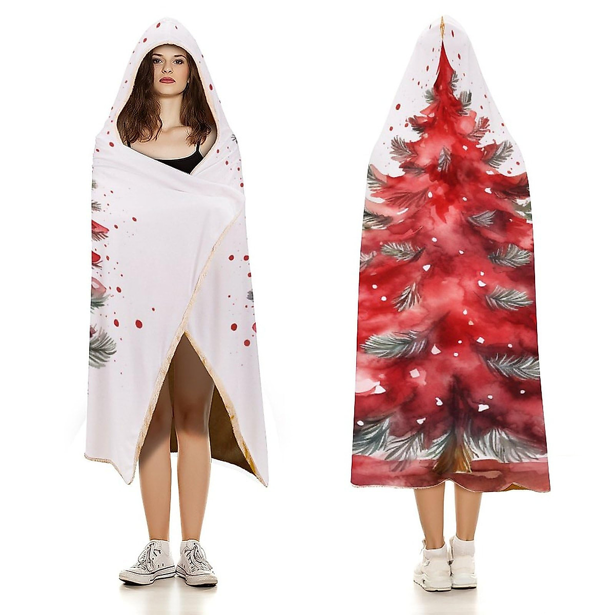 Soft Cozy Blanket Red Watercolor Christmas TreeWearable Blanket-Super Soft Plush Warm Blanket Throw BlanketsXmas Tree Blanket Hoodie for Women Men for Couch Bed 40"x50" Spring Summer Blanket Hoodie