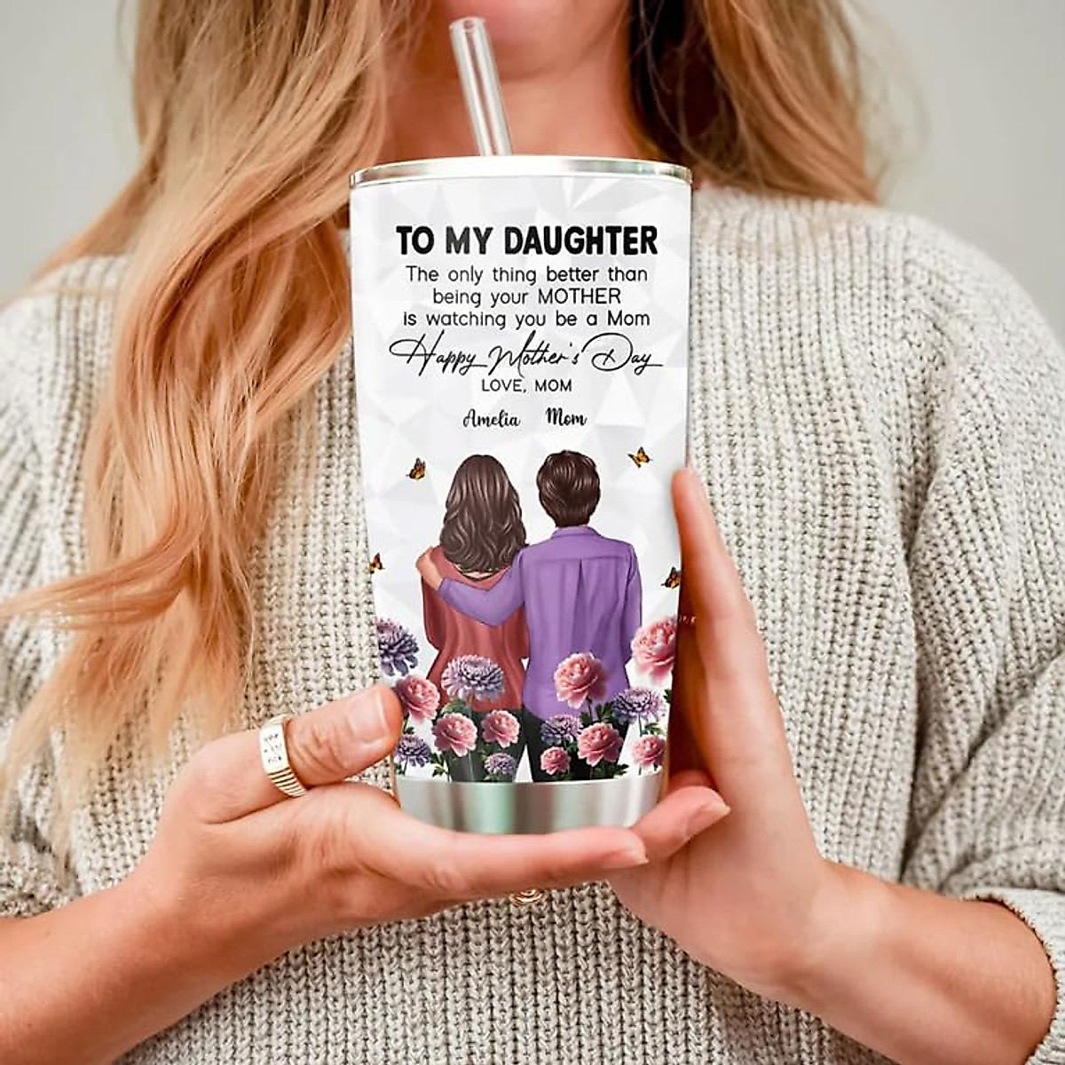 ORIWAVE To My Daughter From Mom Happy Mother's Day Birth Flower, Christmas, Birthday Personalized Tumbler 20 Oz Stainless Steel For Mom, Daughter, Grandma