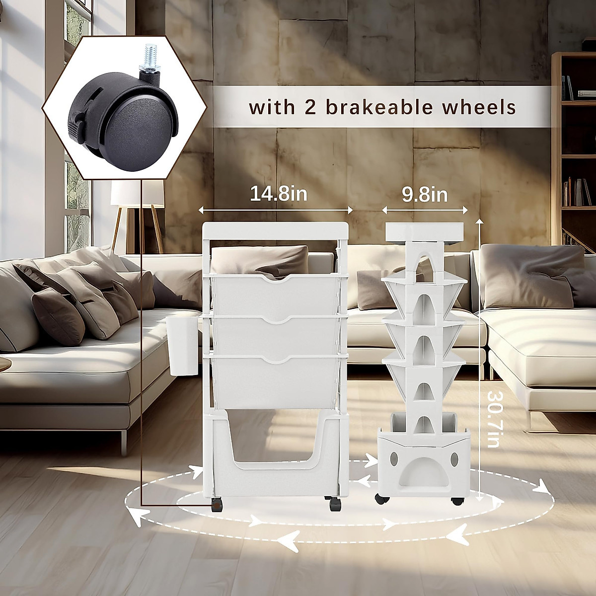 5 Tier Book Rack Storage Bookshelf, Removable Movable Unique Bookcase, Mobile Bookshelf with Wheels Utility Organizer Bookshelves for Kids Children Students Study in Bedroom Living Room School (White)