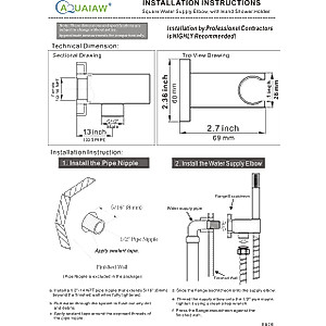 Aquaiaw Wall Supply Elbow with Flange, Tapered 1/2 NPT Female Inlet, Solid Brass Wall Union with Handshower Holder, Square Wall Supply Elbow with Hand Shower bracket, PVD Brushed Nickel, G1/2 Outlet