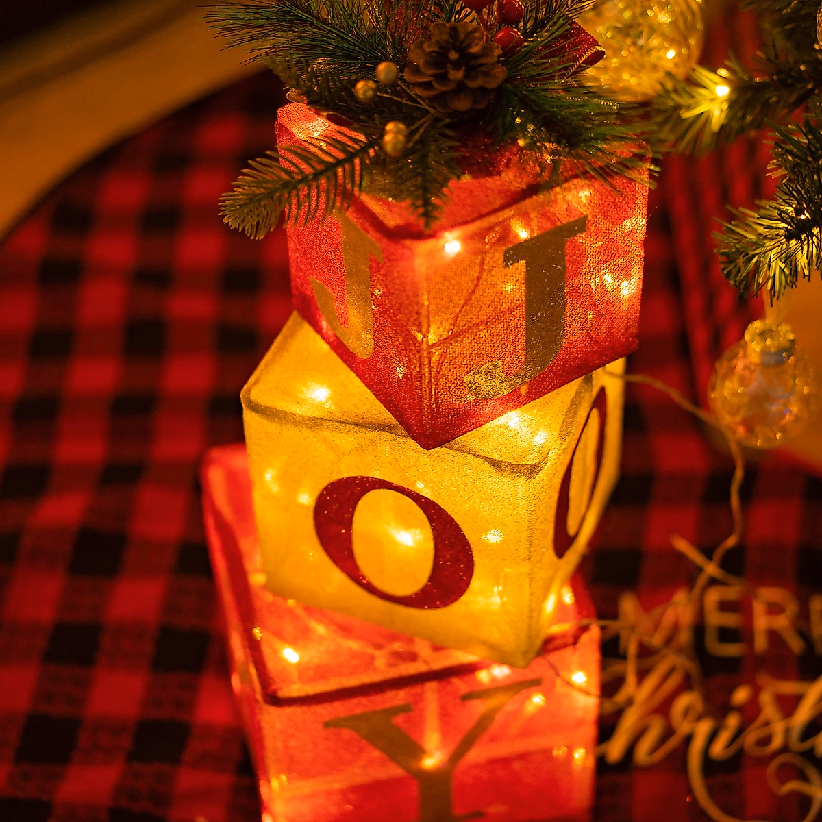 Hourleey Set of 3 Christmas Lighted Gift Boxes, Pre-lit 60 LED Light Up Joy Present Boxes Ornament Decorations for Indoor Outdoor Xmas Tree Home Yard Lawn Decor