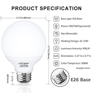 comzler G25 LED Globe Light Bulbs, 80 Watt Equivalent 5000K Daylight Vanity, 900LM LED Bathroom Light Bulbs, E26 Medium Screw Base, Non-dimmable, Pack of 4