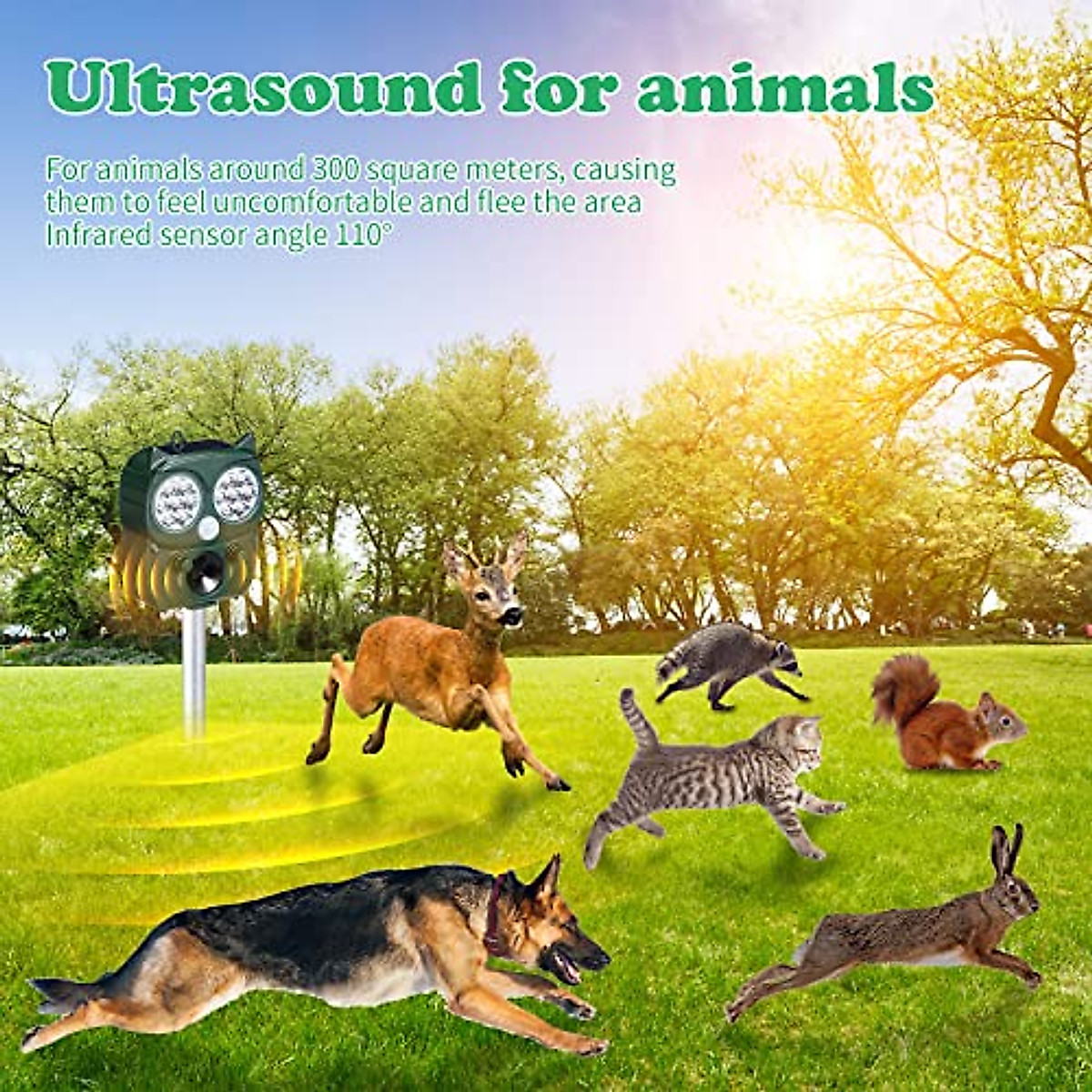 Kittmip 2 Pieces Ultrasonic Animal Repeller Solar Powered Animal Repellent Animal Deterrent Devices Waterproof with Motion Sensor Audible Alarm Flashing Light for Garden Cat Dog Mice Bird Deer