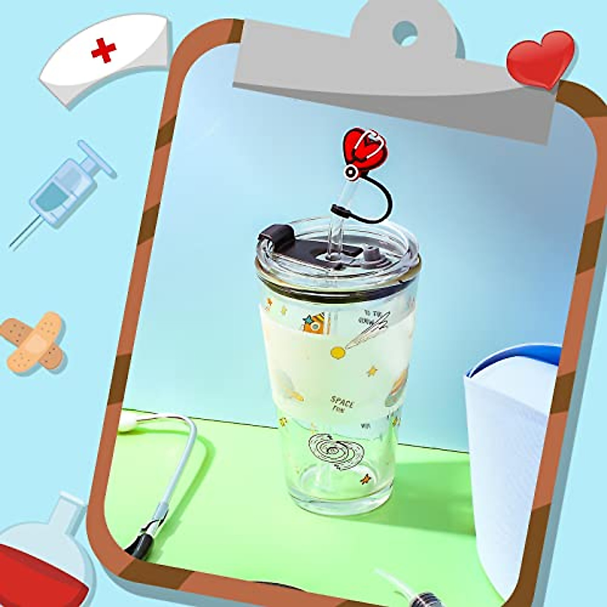 Straw Covers Silicone Kawaii Straw Cover Nurse Theme Straw Caps Reusable Drinking Dust Proof Straw Tip Covers for 6-8 mm (Cute, 10 Pcs)
