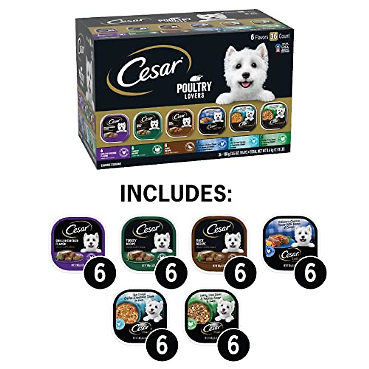 CESAR Adult Wet Dog Food Classic Loaf in Sauce Poultry Lovers Variety Pack, 3.5 oz. Easy Peel Trays with Real Chicken, Turkey or Duck, Pack of 36