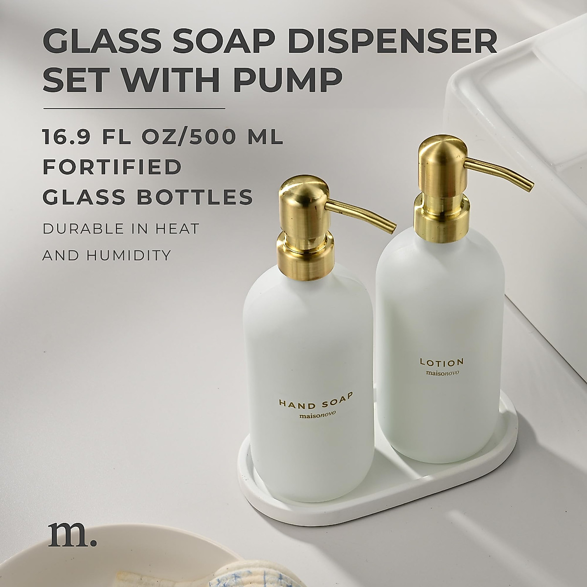 MaisoNovo Soap Dispenser 3-Piece Set | 16.9oz White Bottles with Gold Stainless Steel Pumps