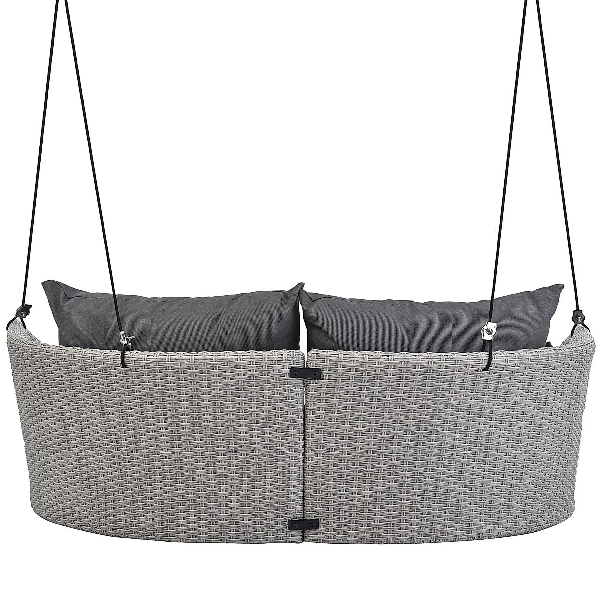 51.9” 2 Person PE Wicker Porch Swing Chair, Rattan Woven Swing Chair Hanging Seat with Adjustable Rope, Porch Swing Hanging Patio Bench with Comfortable Cushion (Gray Wicker and Light Gray Cushion)