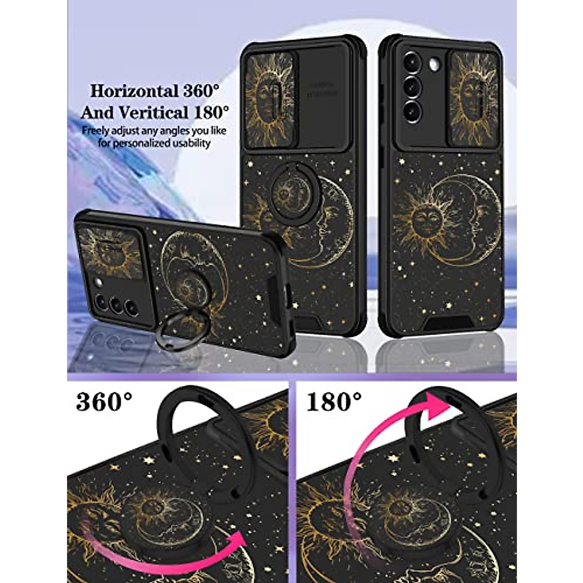 Goocrux (2in1 for Samsung Galaxy S21 Case Sun and Moon Stars for Women Girls Cute Space Phone Cover with Slide Camera Cover+Ring Holder Fashion Golden Print Design Cases for Galaxy S21 5G 6.2''