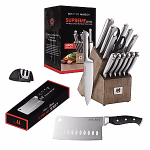 Master Maison Stainless Steel Kitchen Knife Set With Knife Block & Bonus Cleaver | German Stainless Steel Knives With Knife Sharpener & 6 Steak Knives | Butcher Block Knife Sets For Kitchen