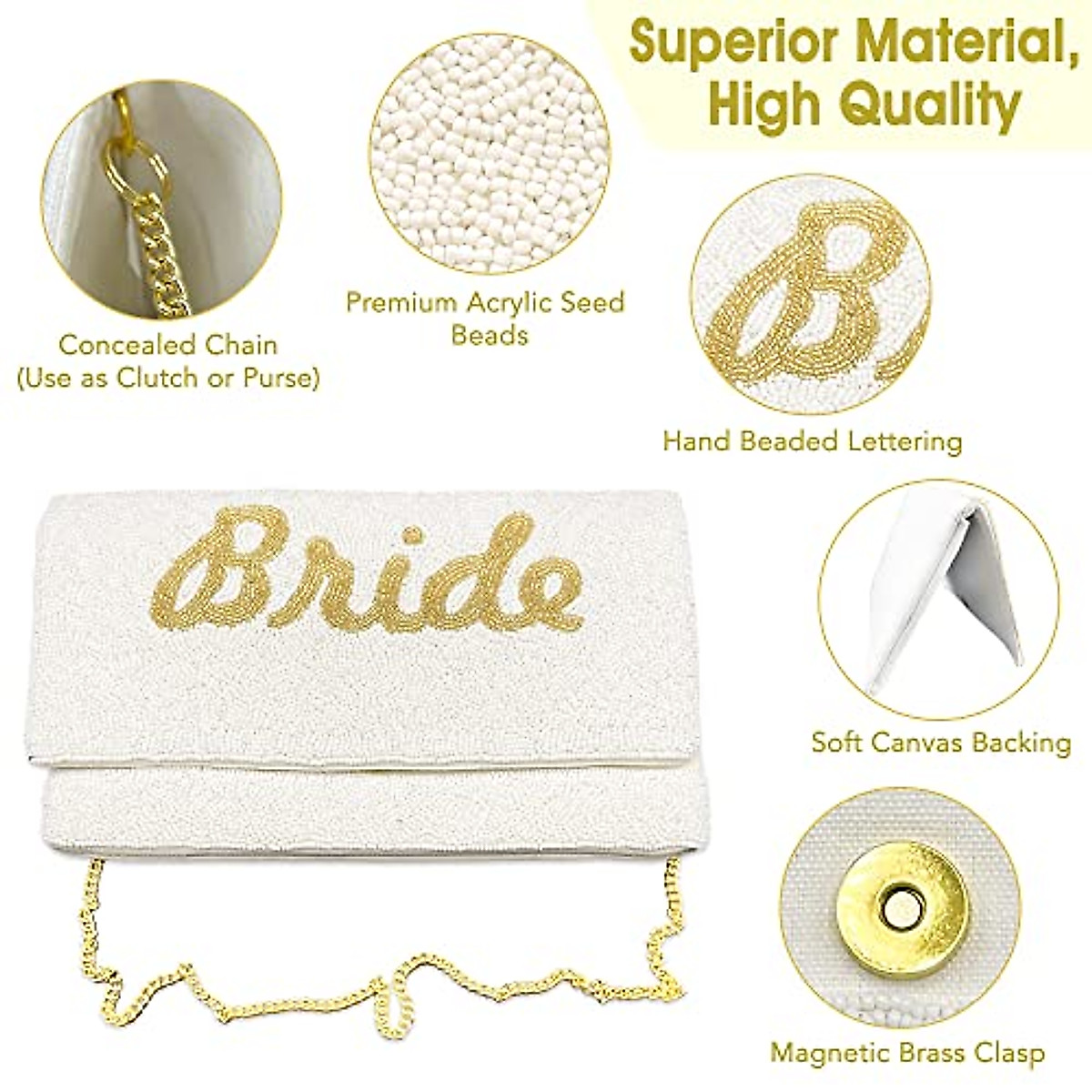 Bride Clutch Purse Bridal Shower Gift for Bride White Purse with Gold Letters- THE BEADED LILY,White Bride Clutch With Gold Letters