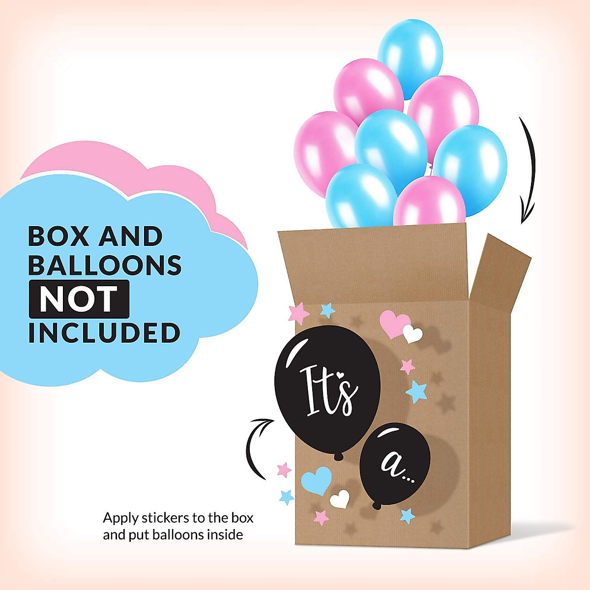 Gender Reveal Box Sticker Kit - Decorate Your Own Balloon Box - ONLY Stickers - No Box - Use with Gender Reveal Balloon - Great for Baby Shower Party or as Decorations