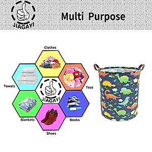 Foldable Laundry Hamper - JIAGAYI Large Round Waterproof Organizer with Handles,Home Storage,Room Toys Books Bin,Bedroom Clothes Nursery Basket.（Blue Dinosaurs）