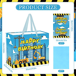 CASLON 1Pc Construction Birthday Gift Bag with Tissue Paper and Card, Blue Construction Birthday Wrapping Paper Bag Construction Truck Party Gift Bag Christmas Gift Bag for Boys Construction Birthday