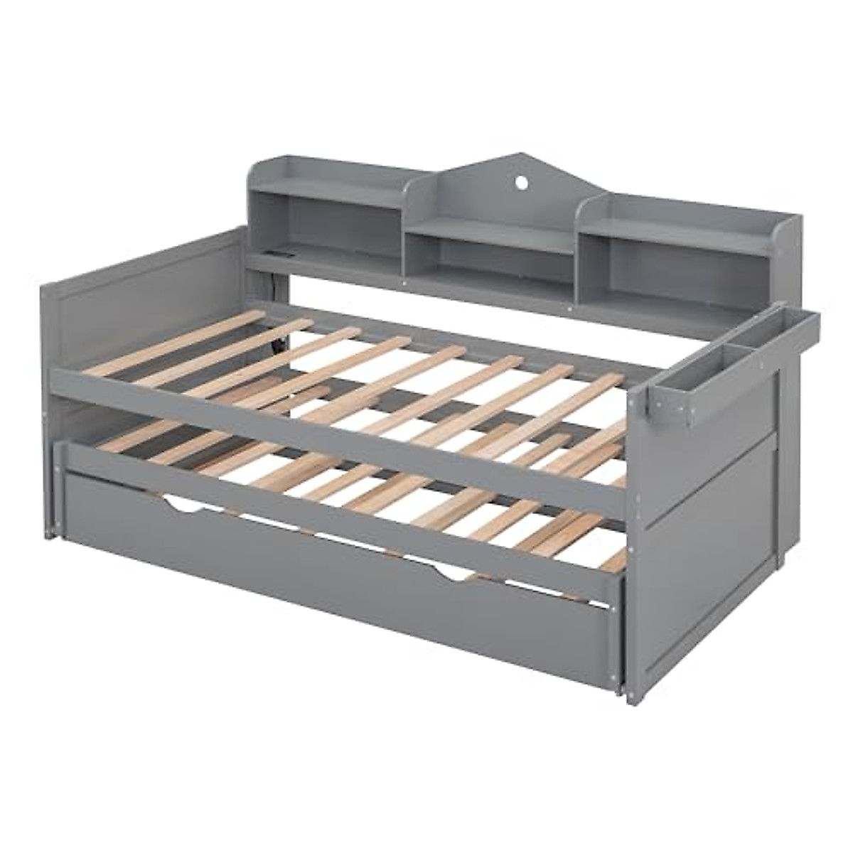 Bellemave Twin XL Daybed Captain Bed with 2 Twin Trundles and Storage Shelf Wooden Day Bed with USB Charging Ports for Kids, Boys and Girls No Box Spring Needed (Grey)