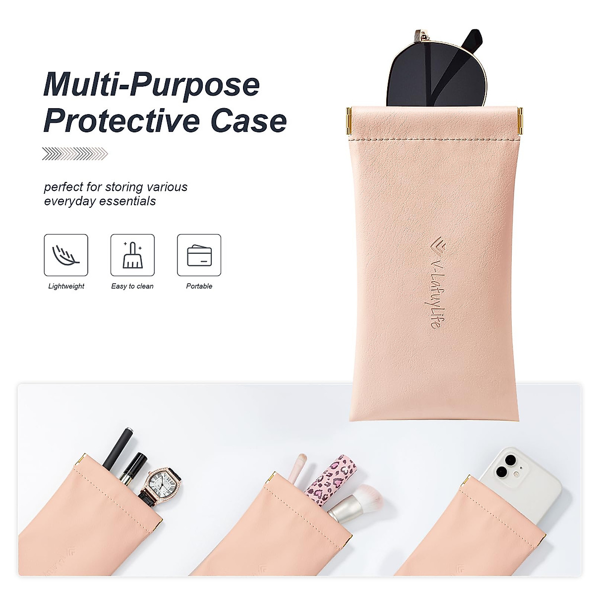 V-LAFUYLIFE Glasses Case Soft 2 Pack - Portable Leather Squeeze Top Eyeglass Case Anti-Scratch Soft Sunglasses Case for Women.(Pink/Green)