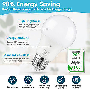 Maylaywood A19 LED Light Bulb Dimmable, 60 Watt Equivalent LED Bulbs, Daylight White 5000K, 900 Lumen, E26 Base, 9W Bright White Light Bulb, 12-Pack